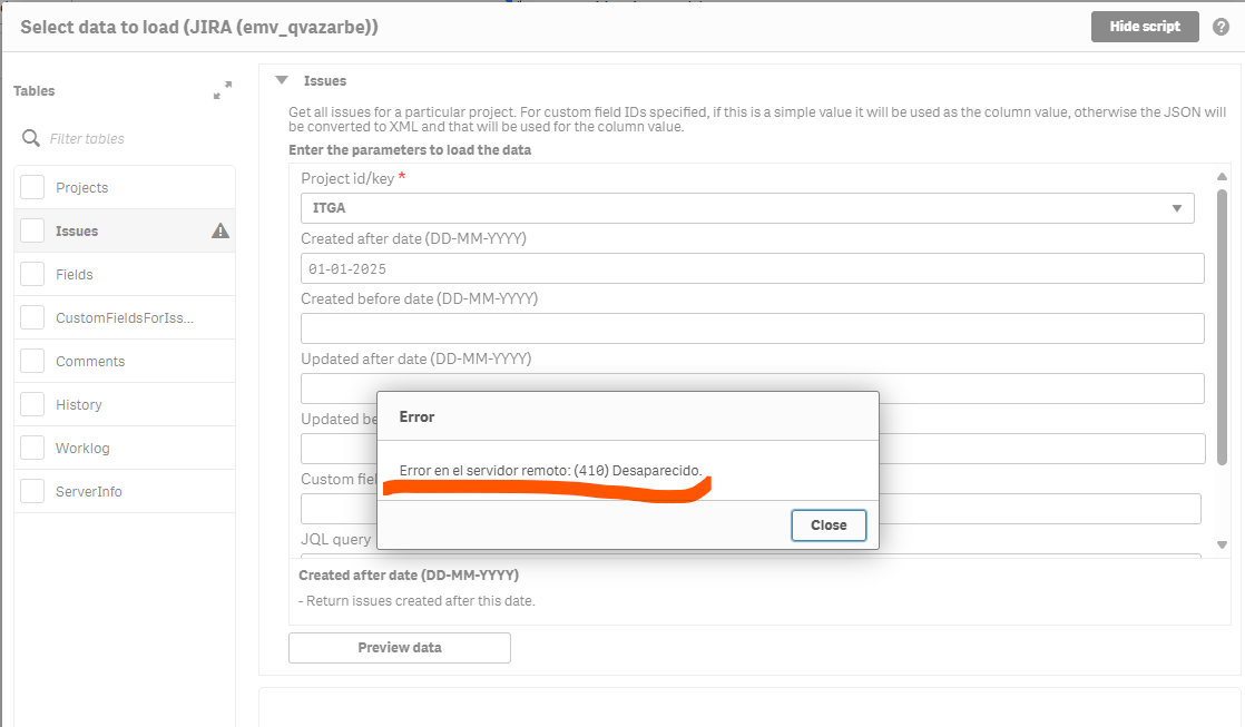 Solved: Connection JIRA. Error en la tabla Issues - Qlik Community - 2529314